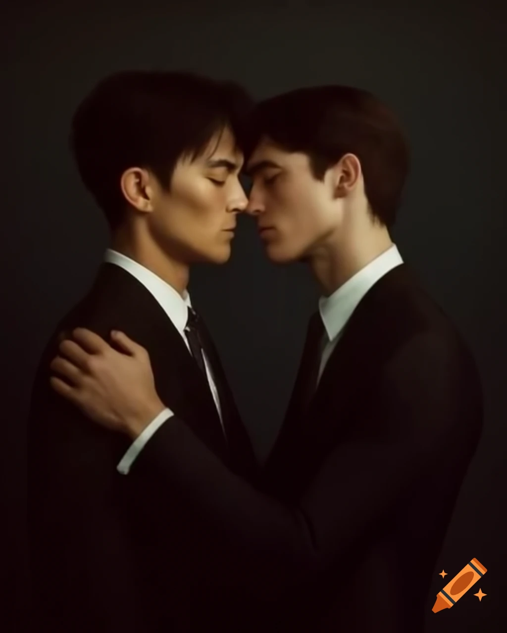 Two men in suits sharing a tender gaze, showcasing emotional connection ...