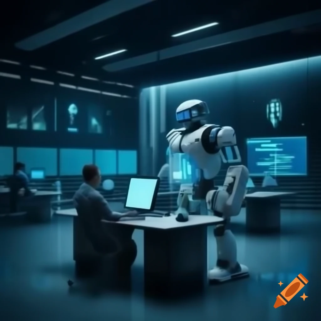 Futuristic marketing agency with humans and robots collaborating on campaigns on Craiyon