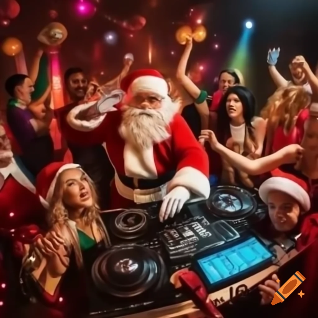 Festive Christmas party with Santa Claus DJing and dancing Mrs. Clauses ...