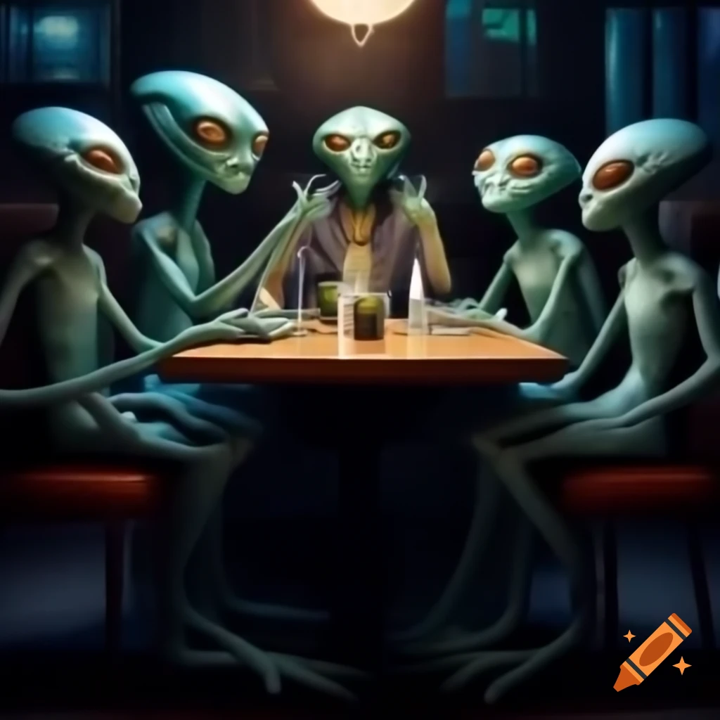 Aliens from different planets in a meeting room with one speaking into ...