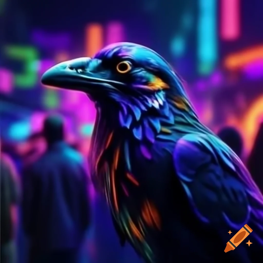 Psychedelic neon ravens at a rave setting on Craiyon