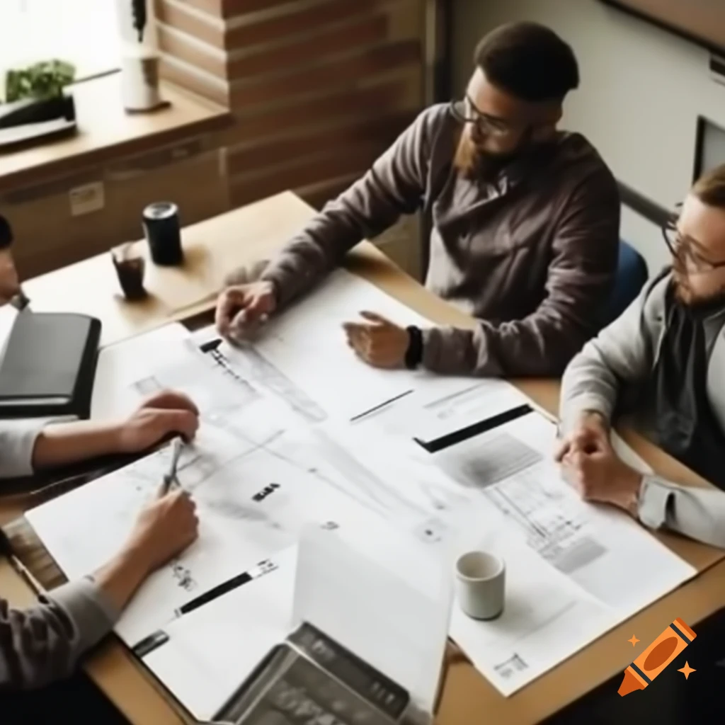 Design engineers collaborating on blueprints for IOL injectors on Craiyon