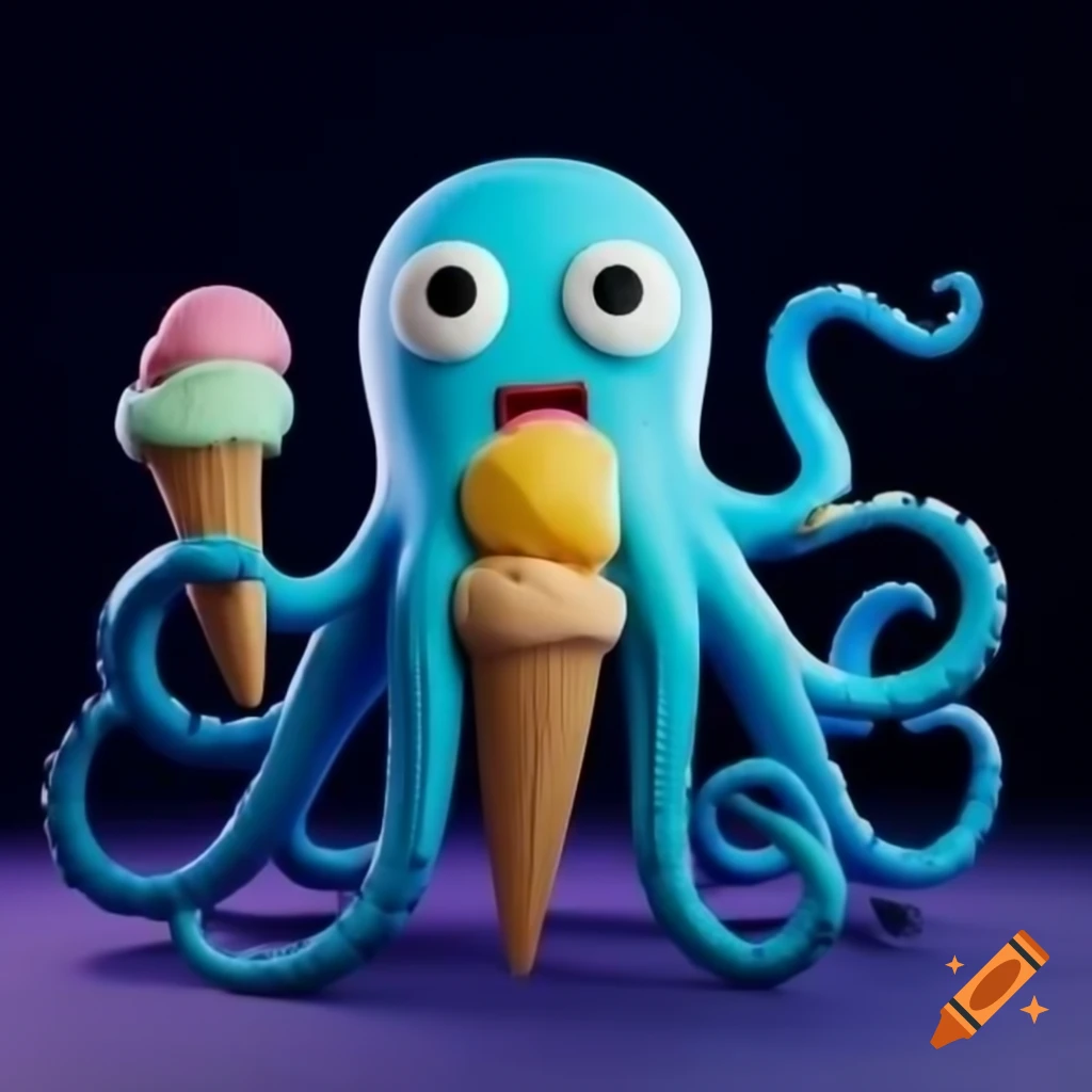 3D Disney Pixar style octopus enjoying ice cream on Craiyon