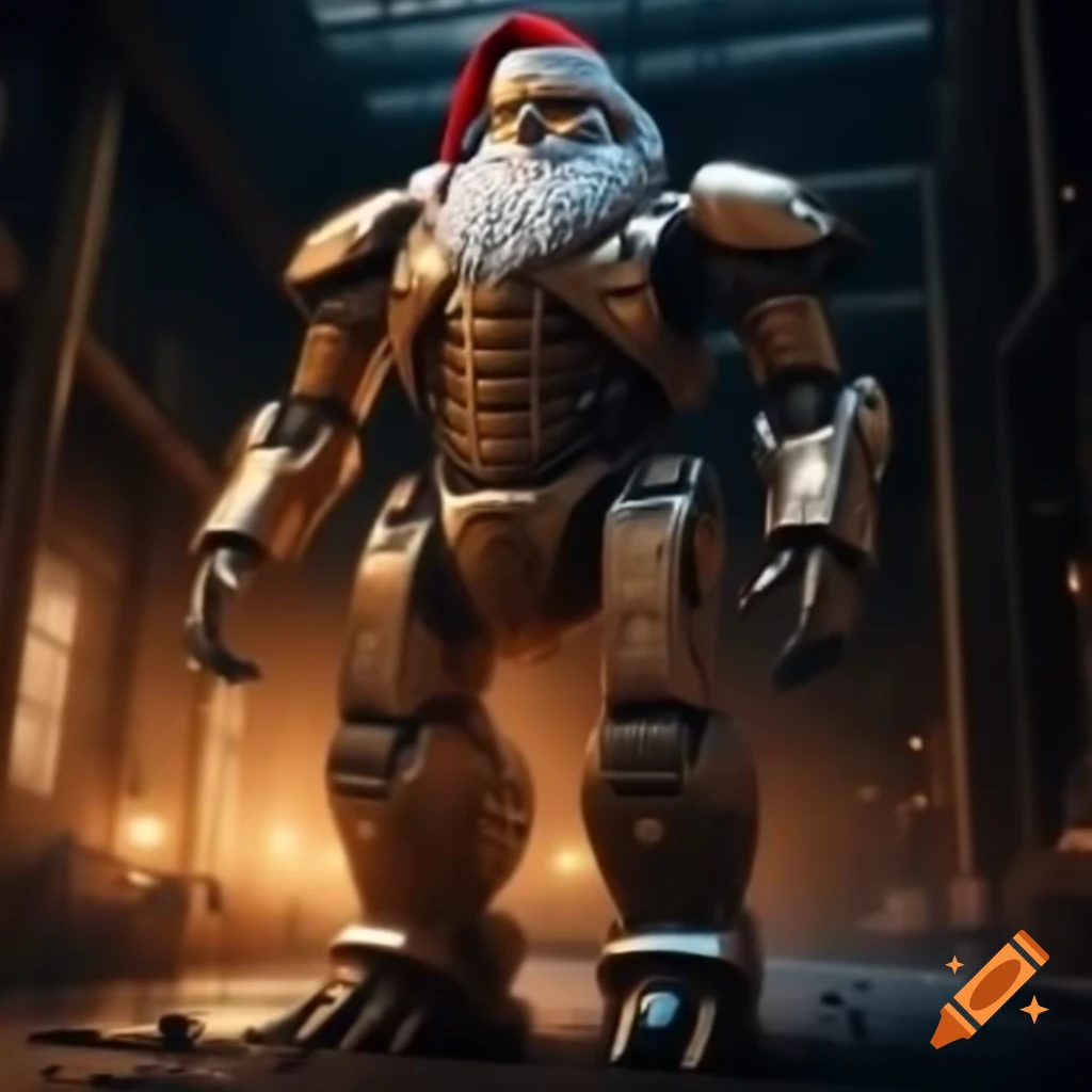 Colossal robotic Santa Claus with chrome chassis illuminated by ...