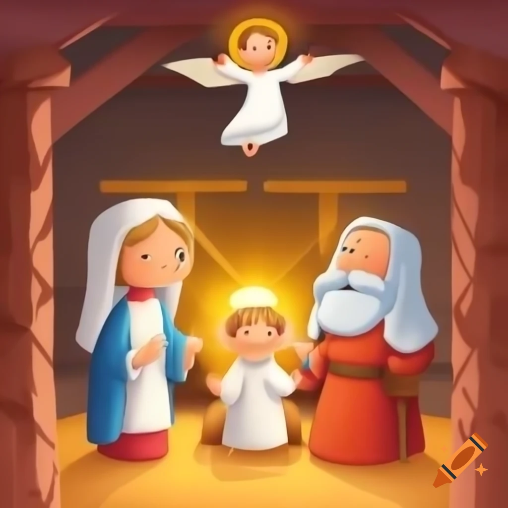 Cartoon depiction of Mary, Joseph, and baby Jesus in stable with angel ...