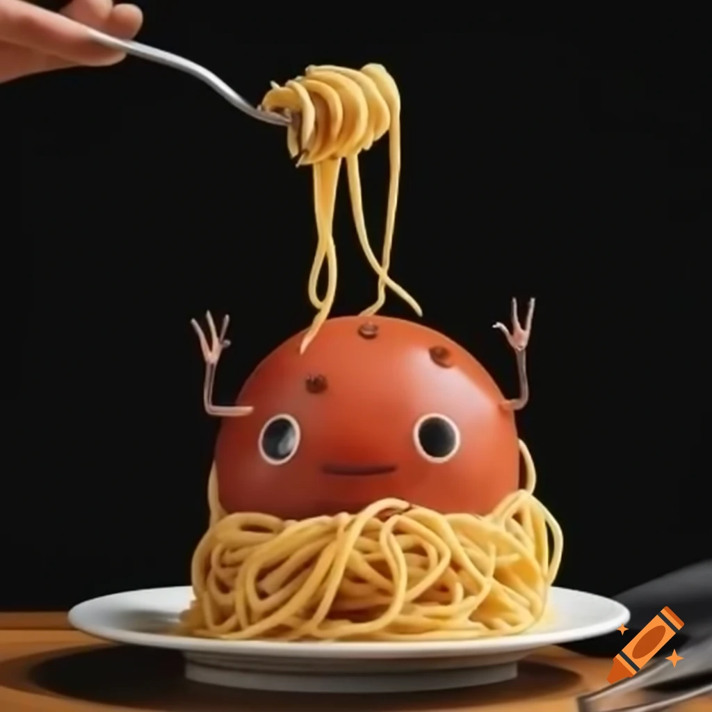 Whimsical meatball shaped like a human with spaghetti hair on Craiyon