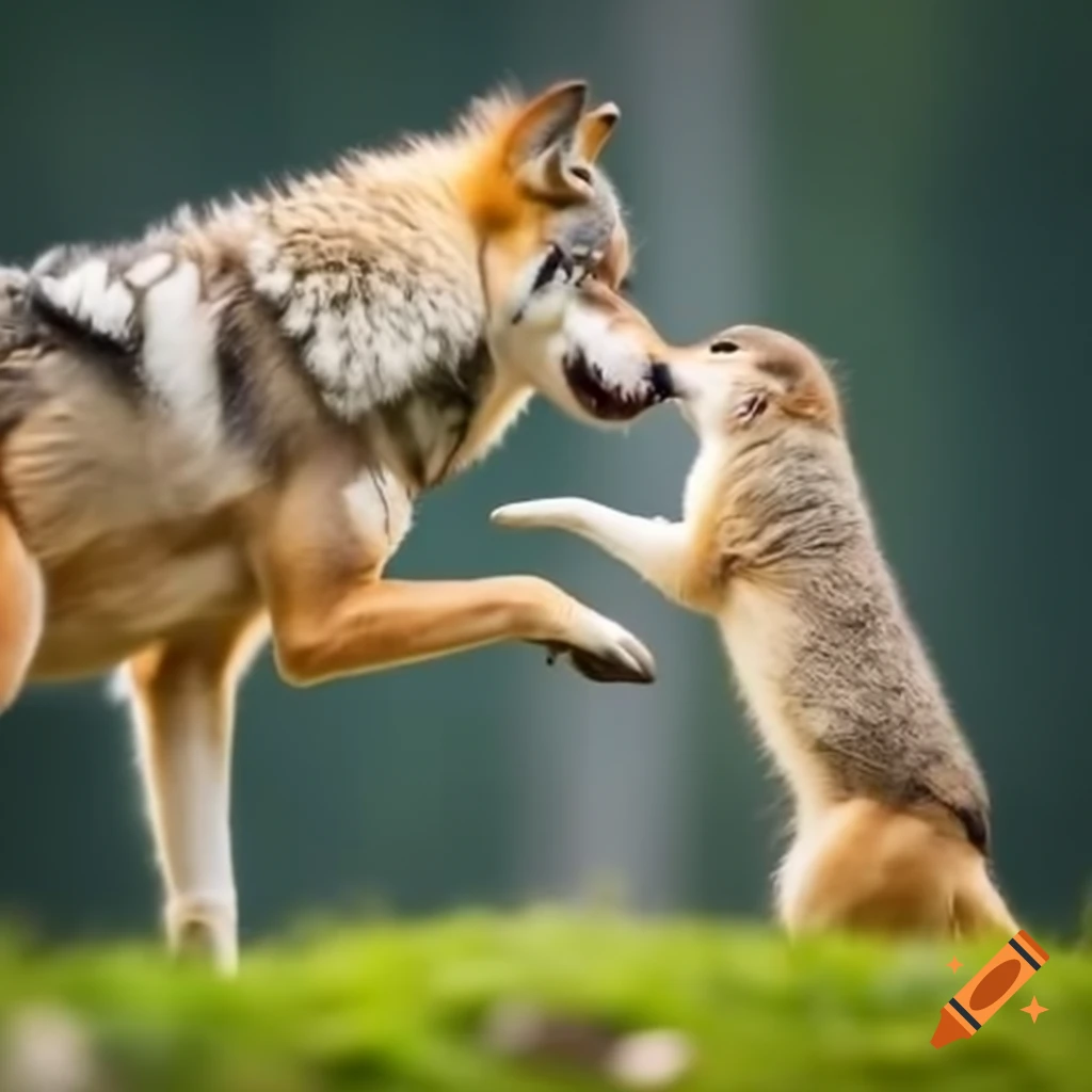 Little wolf playfully interacting with a scared gopher on Craiyon