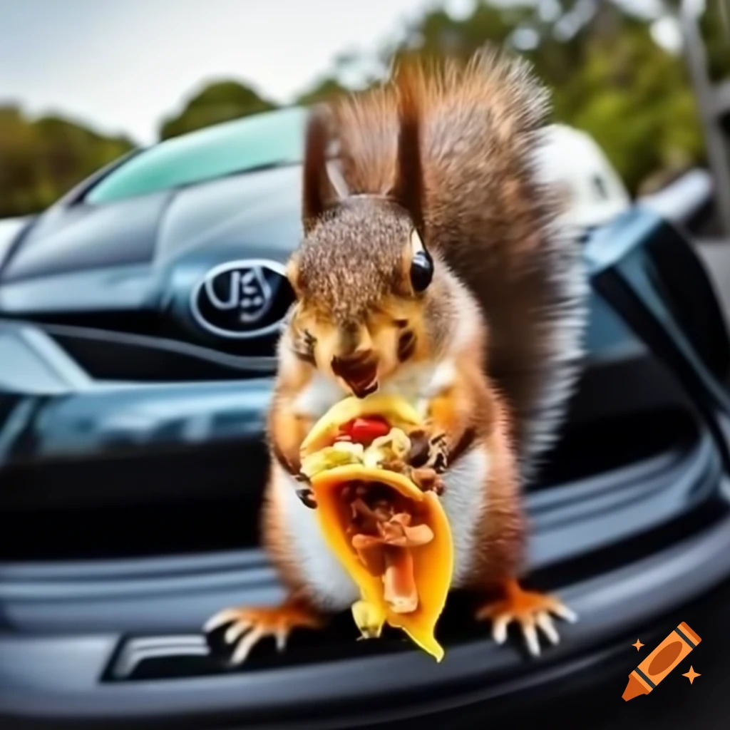 Squirrel enjoying Taco Bell on a Toyota Prius on Craiyon