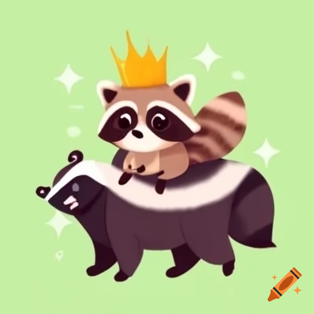 Kawaii raccoon queen riding a badger in a whimsical scene on Craiyon