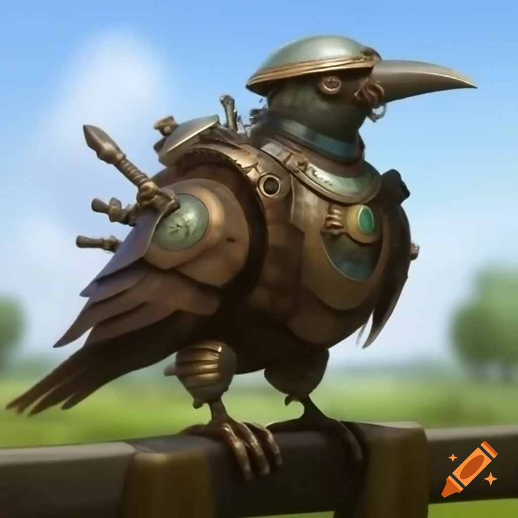 Intricate steampunk mechanical bird with feathers perched on fence in ...