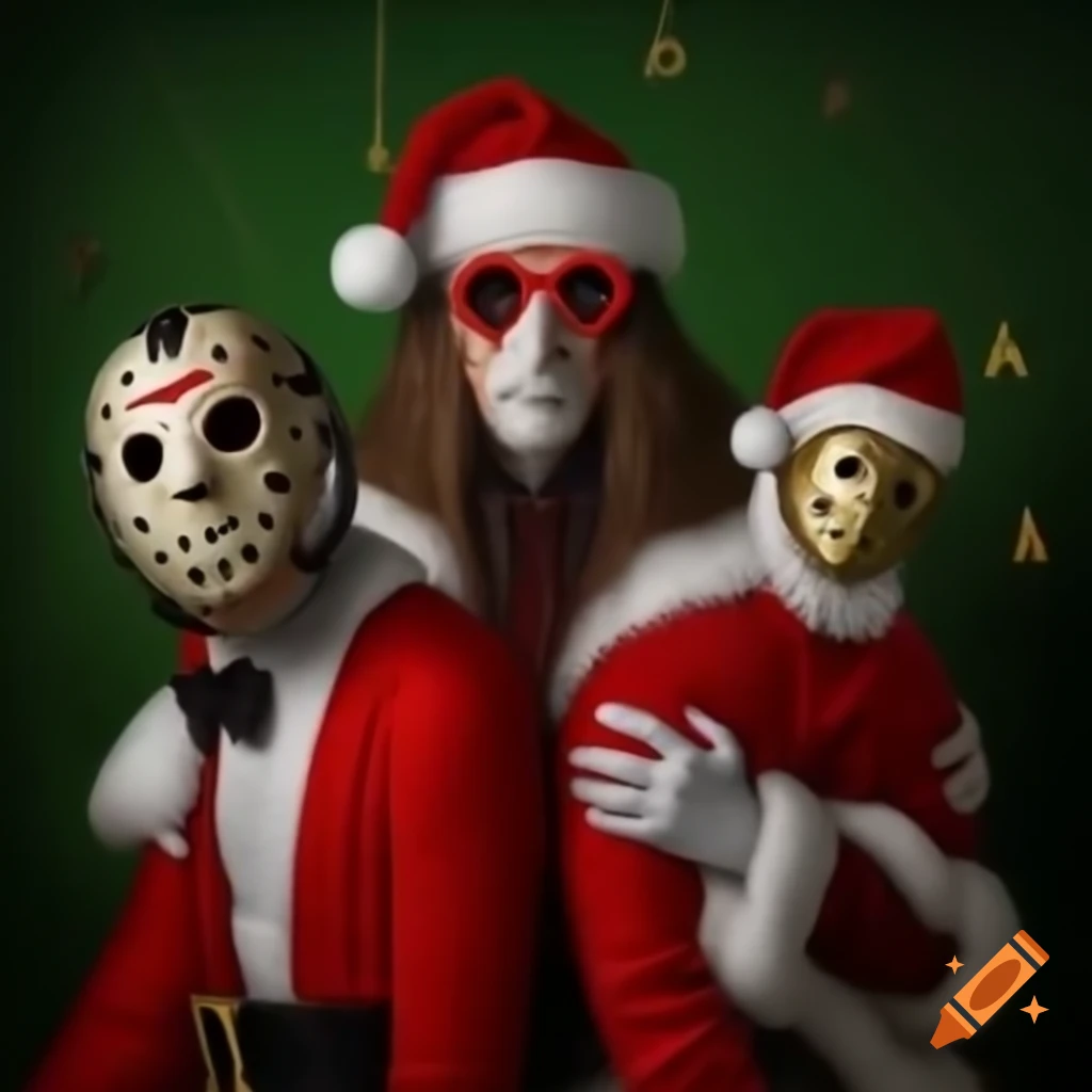 Jim Morrison in Santa suit with Jason Voorhees mask, whimsical holiday ...