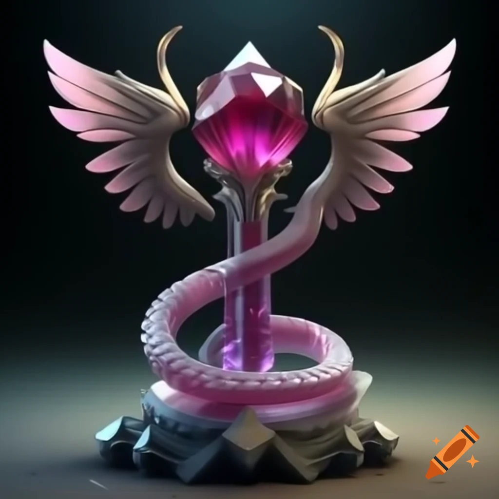 Winged medical staff entwined by crystal serpent with ruby crystal on ...