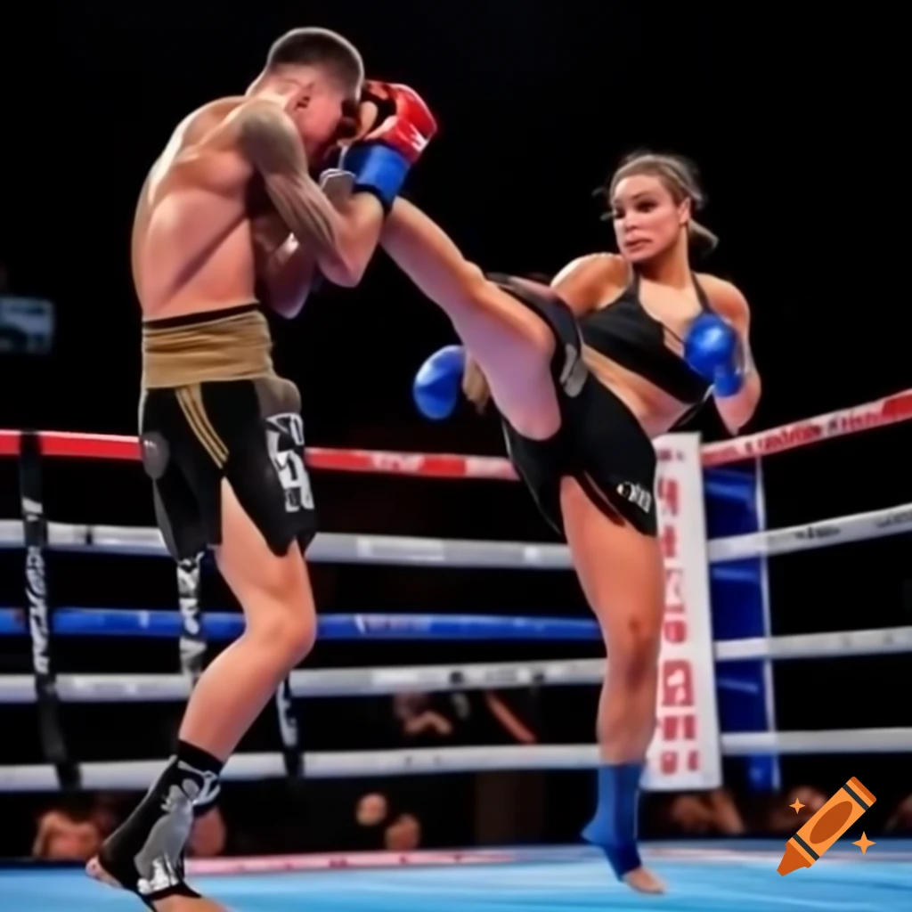 Female muaythai fighter delivering headkick on Craiyon