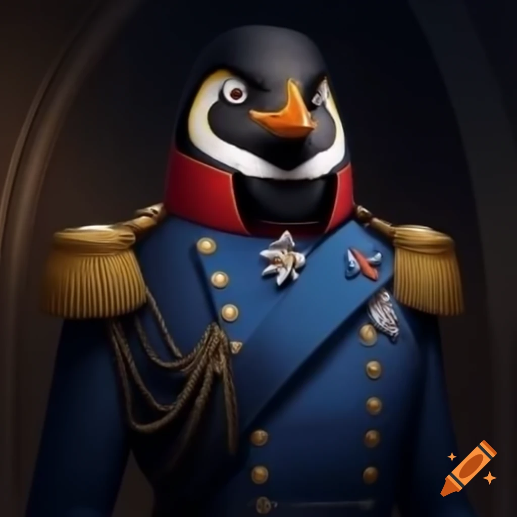 Regal penguin in tailored military uniform ready for adventure on Craiyon