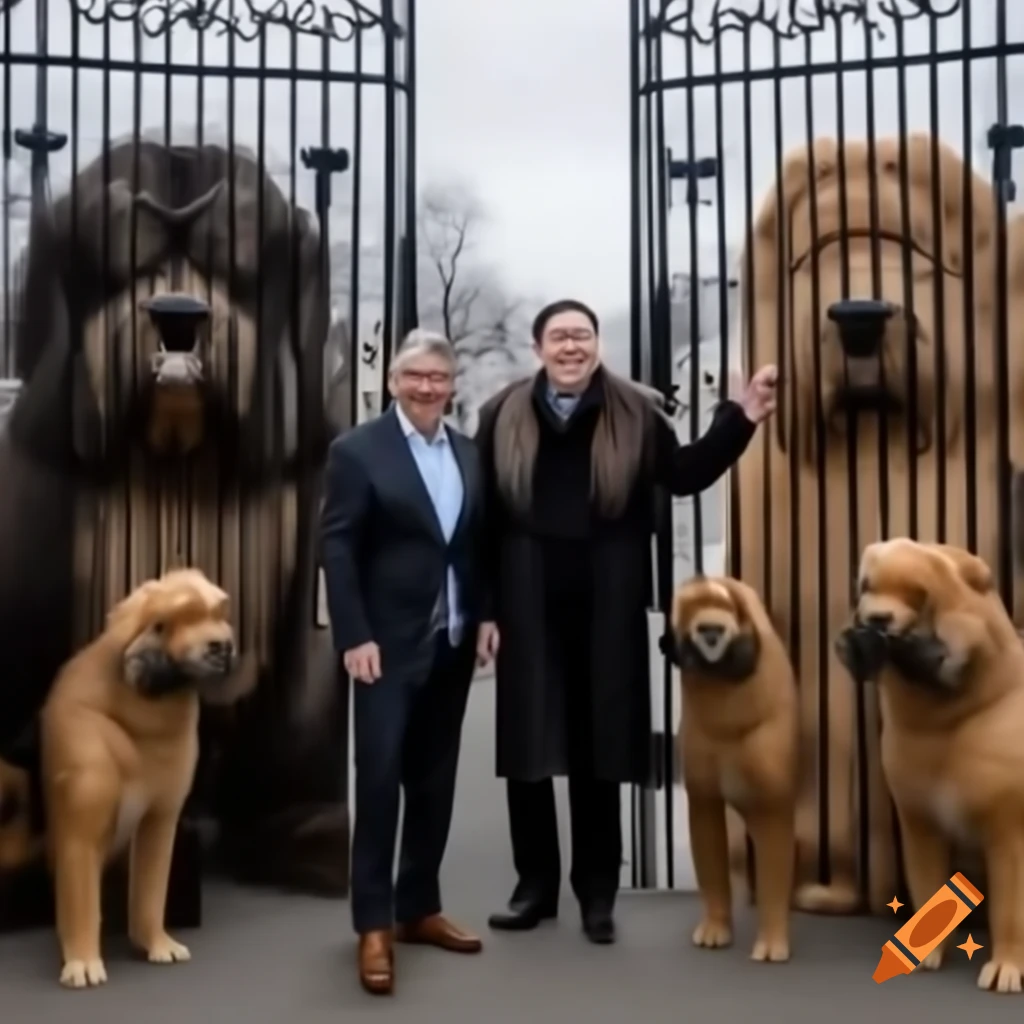 Elon Musk and Bill Gates posing with large fluffy dogs on Craiyon