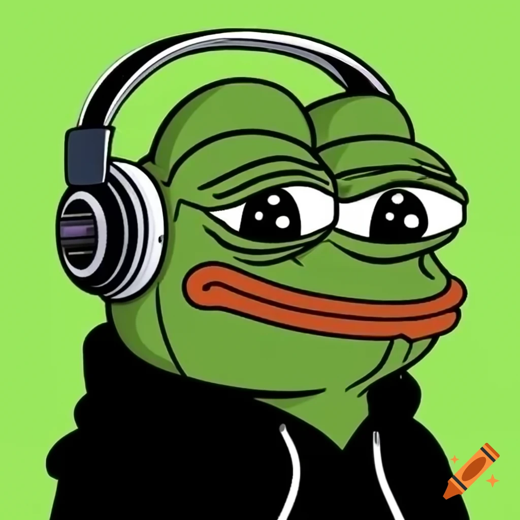 Animated cartoon of Pepe the Frog as a DJ wearing headphones and a ...
