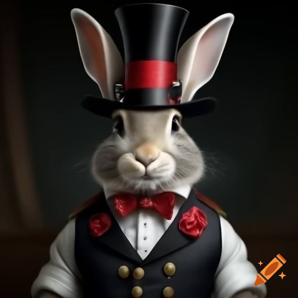 Black and white rabbit in magician's uniform with red bowtie and silk ...