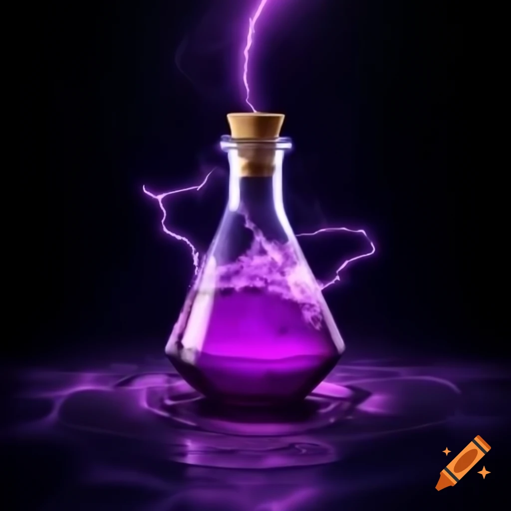 Purple potion with lightning in bottle on dark grey background ...