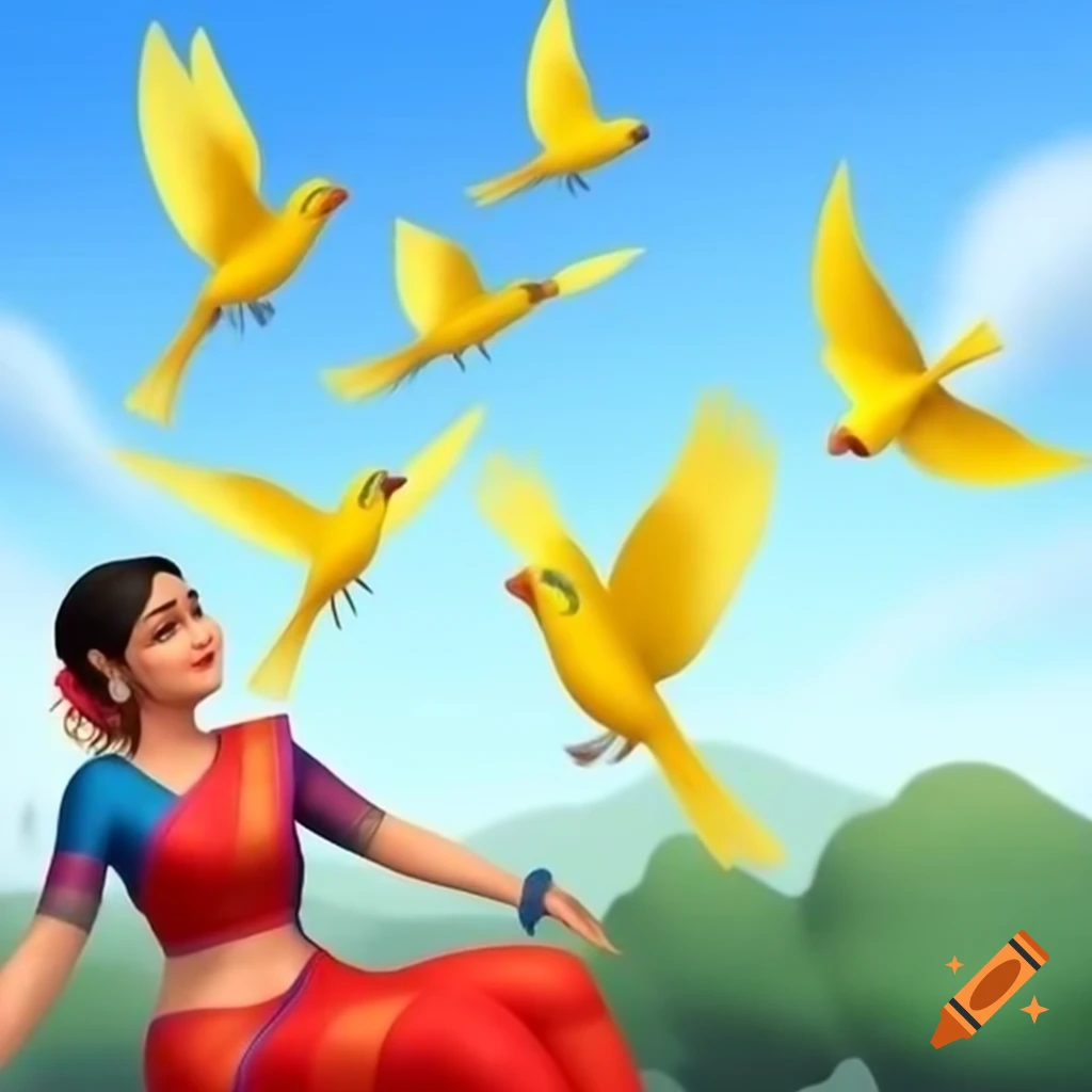 Beautiful woman in blue blouse and red saree watching yellow birds ...