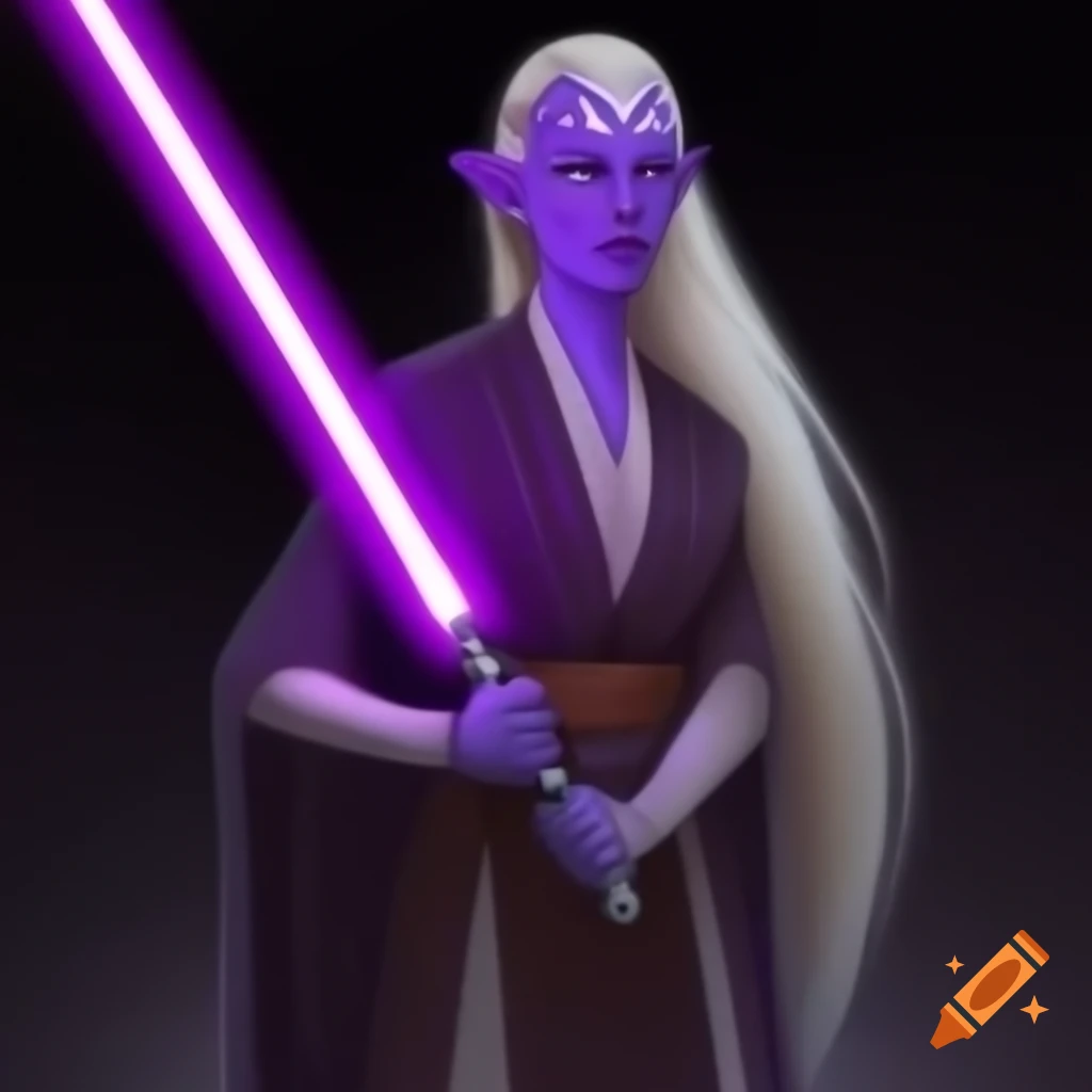 Purple-skinned Jedi Knight with white hair and double-bladed purple ...