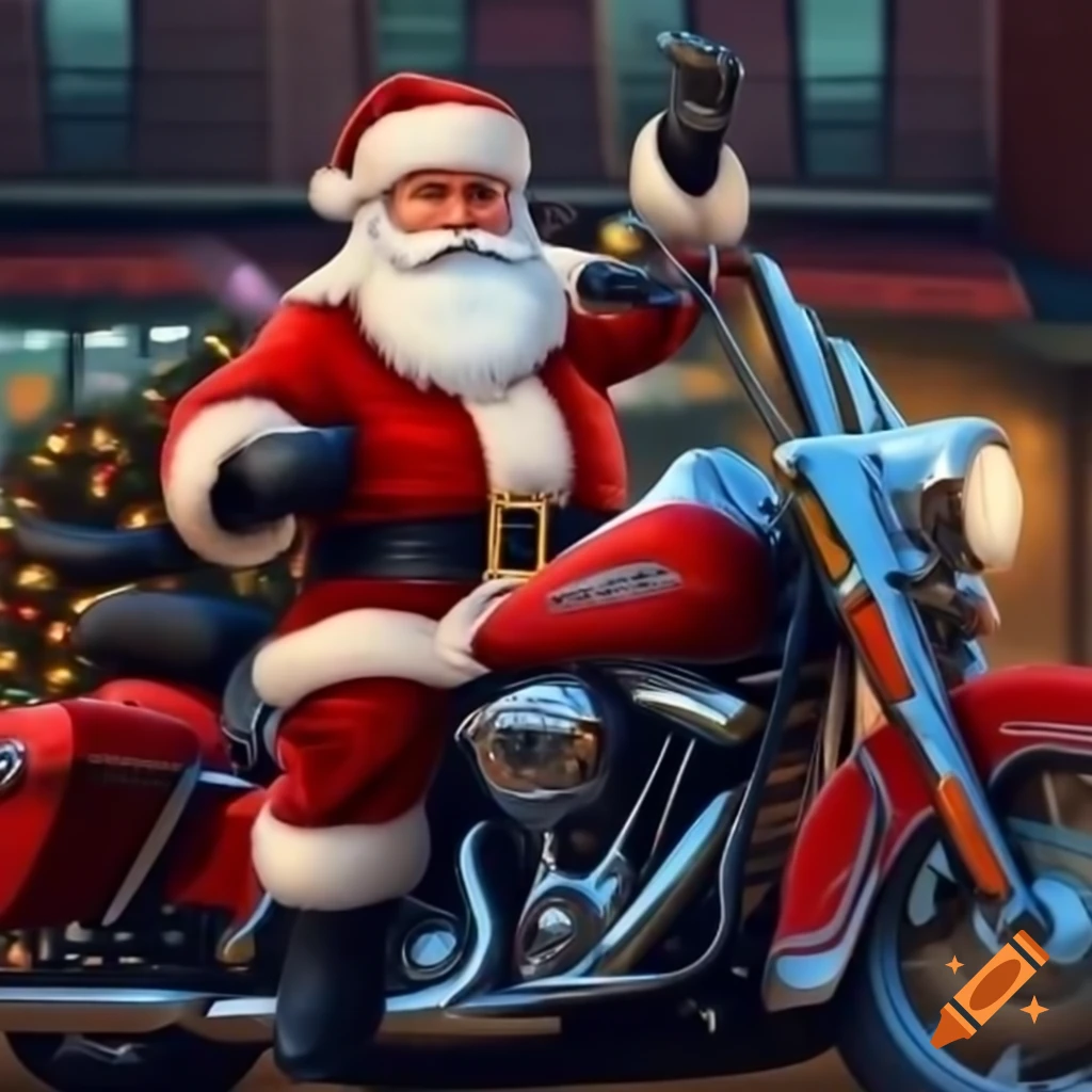 Santa riding a Harley Davidson motorcycle on Craiyon