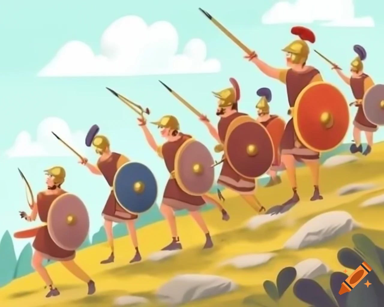 Ancient greek fighters depicted on a hill on Craiyon