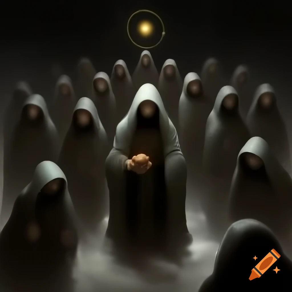 Cloaked figures witness glowing celestial orb enveloped by mist on Craiyon