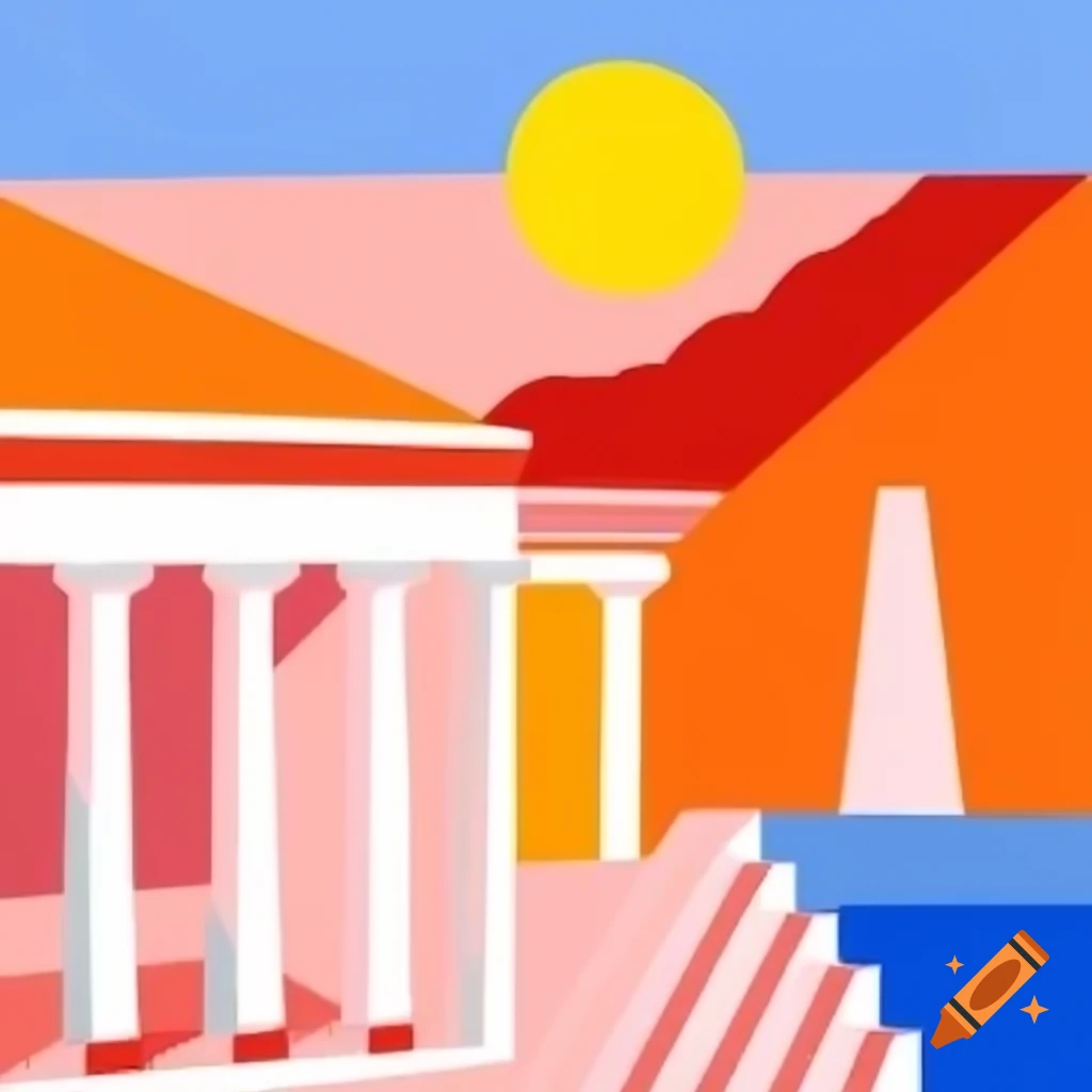 Minimalist painting of sun-drenched grecian scene with bold lines and ...