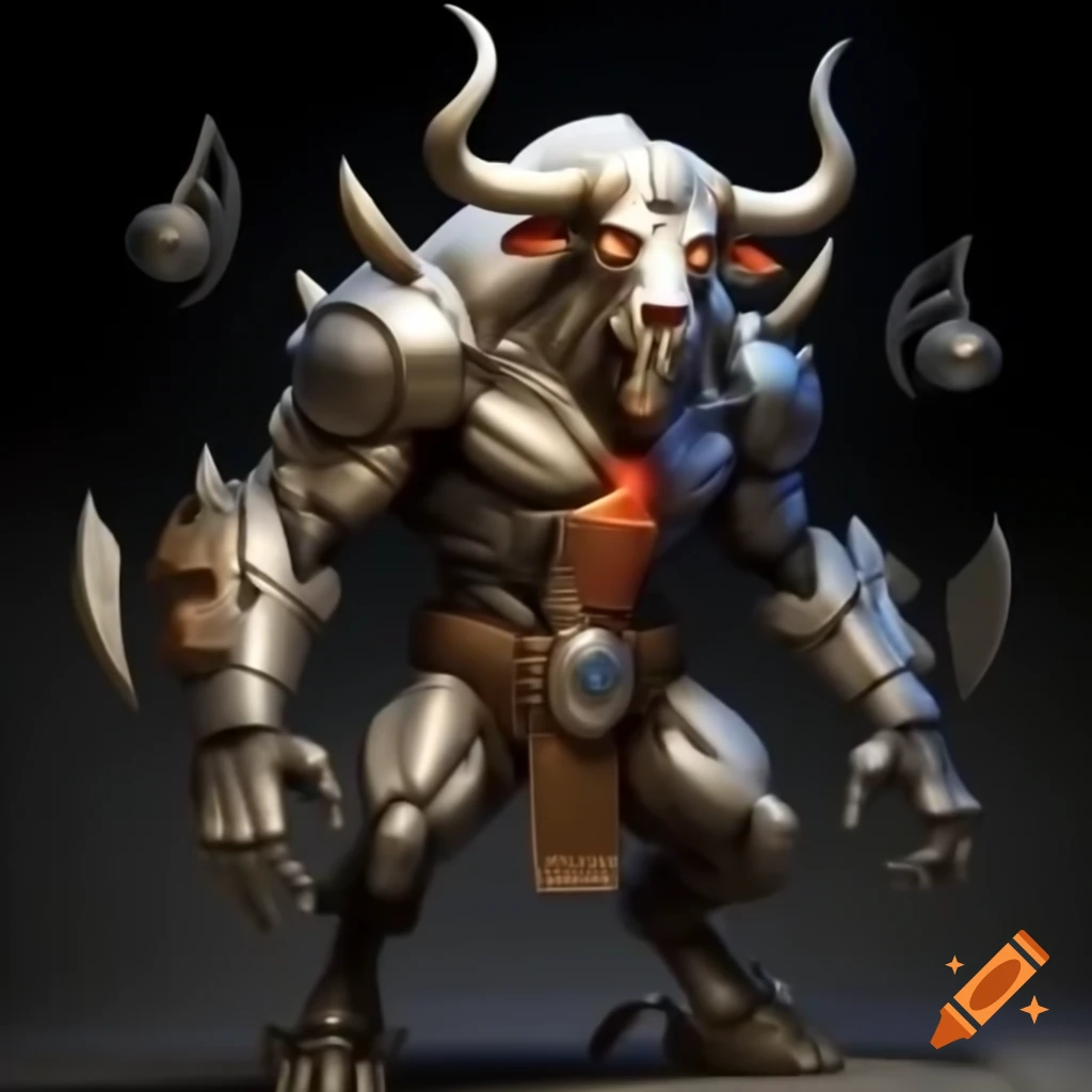 Futuristic robotic Minotaur with advanced weaponry and metallic body on ...