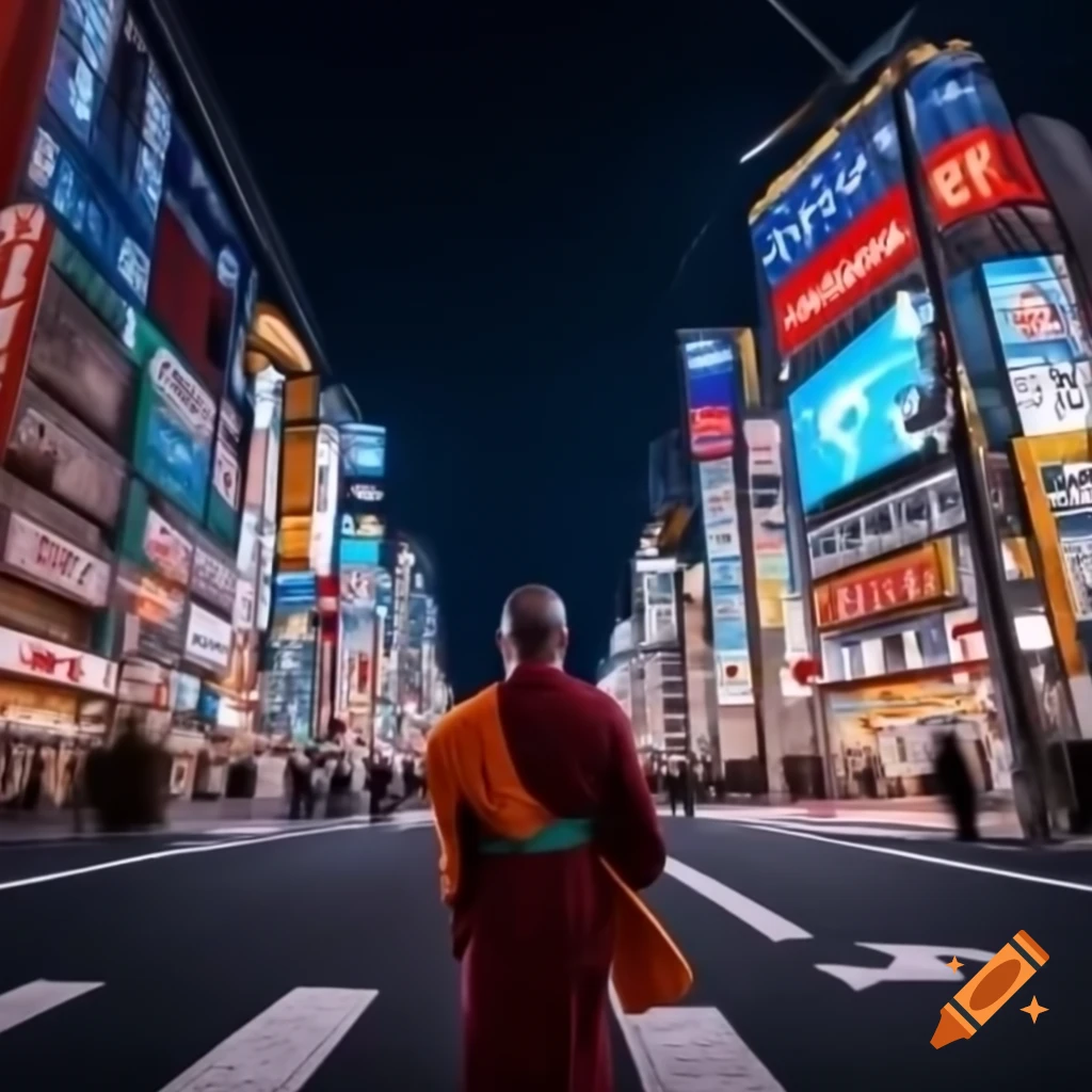 Buddhist monk alone at night in shibuya scramble, advertisements ...
