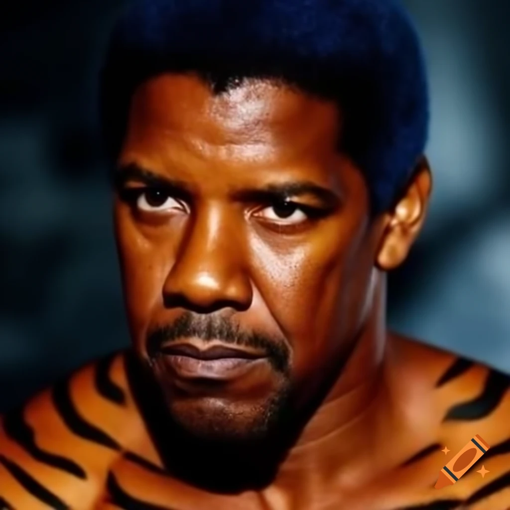 Muscular man with tiger-style makeup and blue hair, striking a dynamic ...