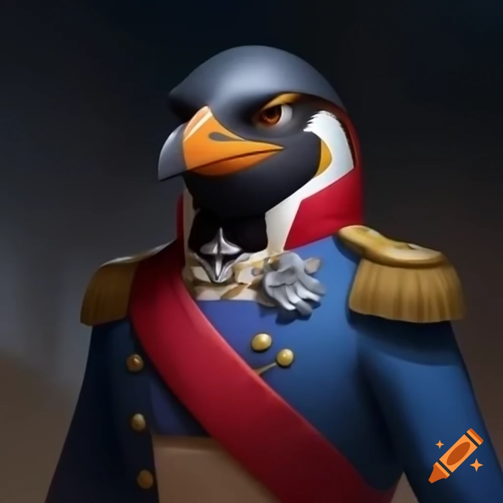 Regal penguin in tailored military uniform ready for adventure on Craiyon