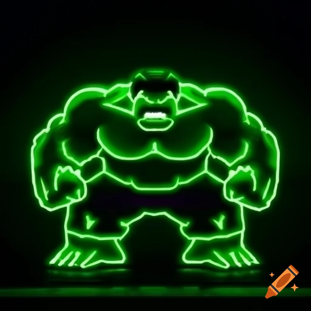 Neon green LED Hulk in comic style against black background with pink ...