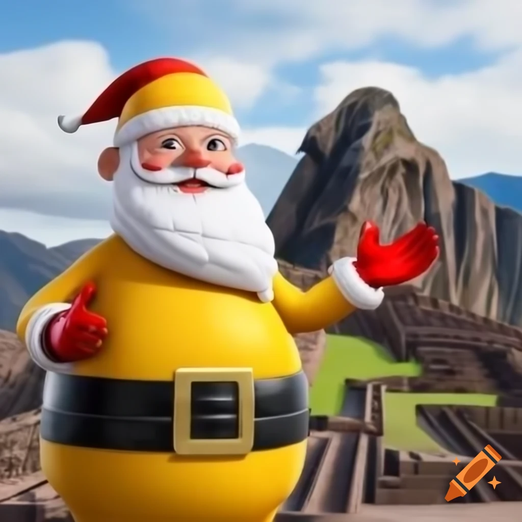 3D Santa Claus in Peruvian attire waving from ancient city of Cusco on ...