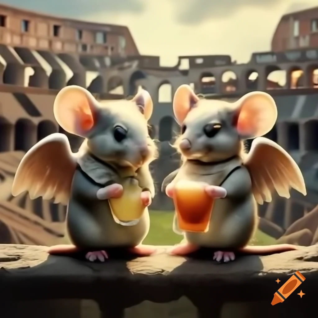 Mouse angels with wings holding cocktails atop the colosseum in rome on ...