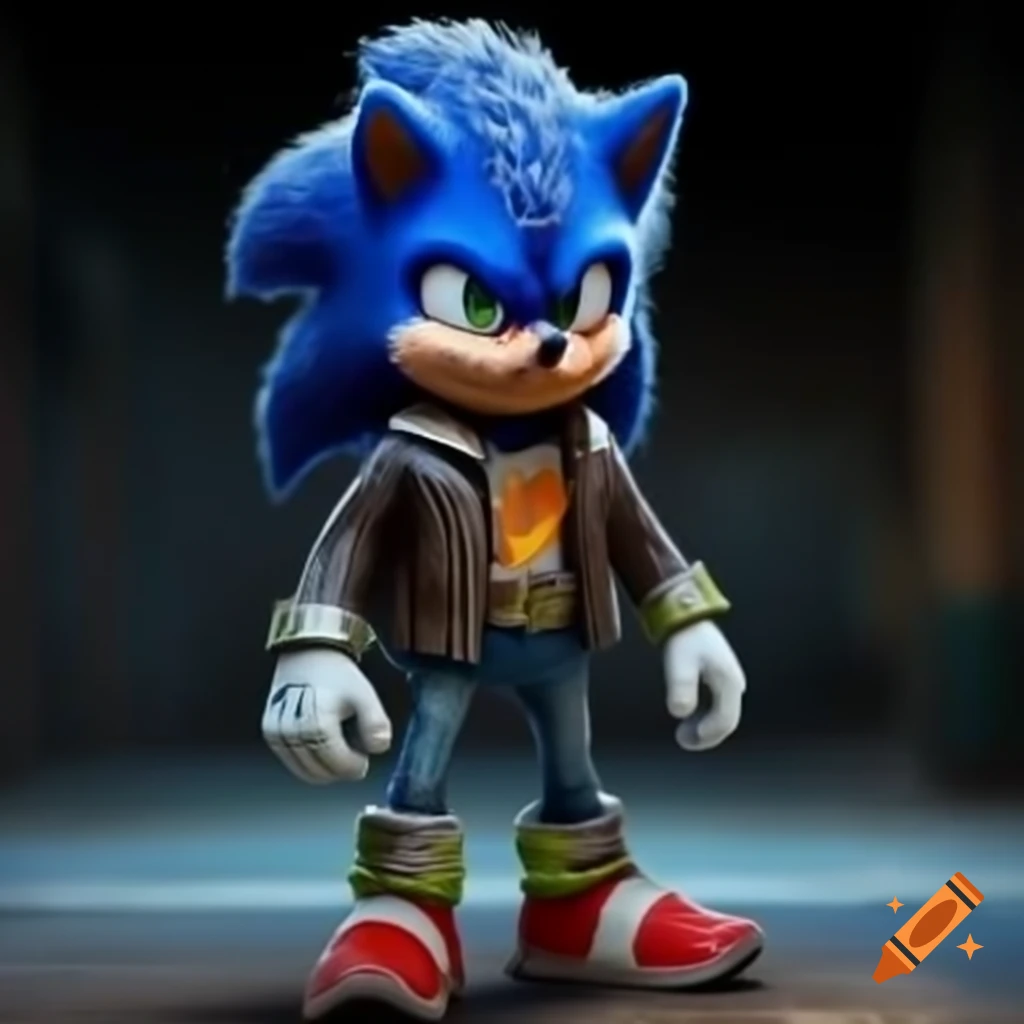 Sonic the Hedgehog as a biker in jacket, t-shirt, gloves, and ...