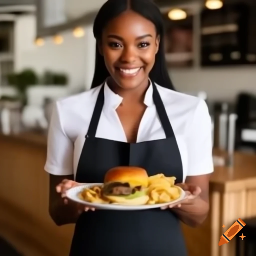 Female black waitress serving burger and fries with a smile on Craiyon