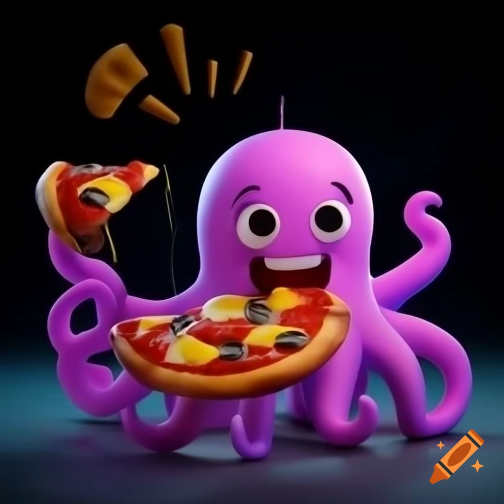 Happy octopus enjoying pizza in 3D Disney Pixar style on Craiyon
