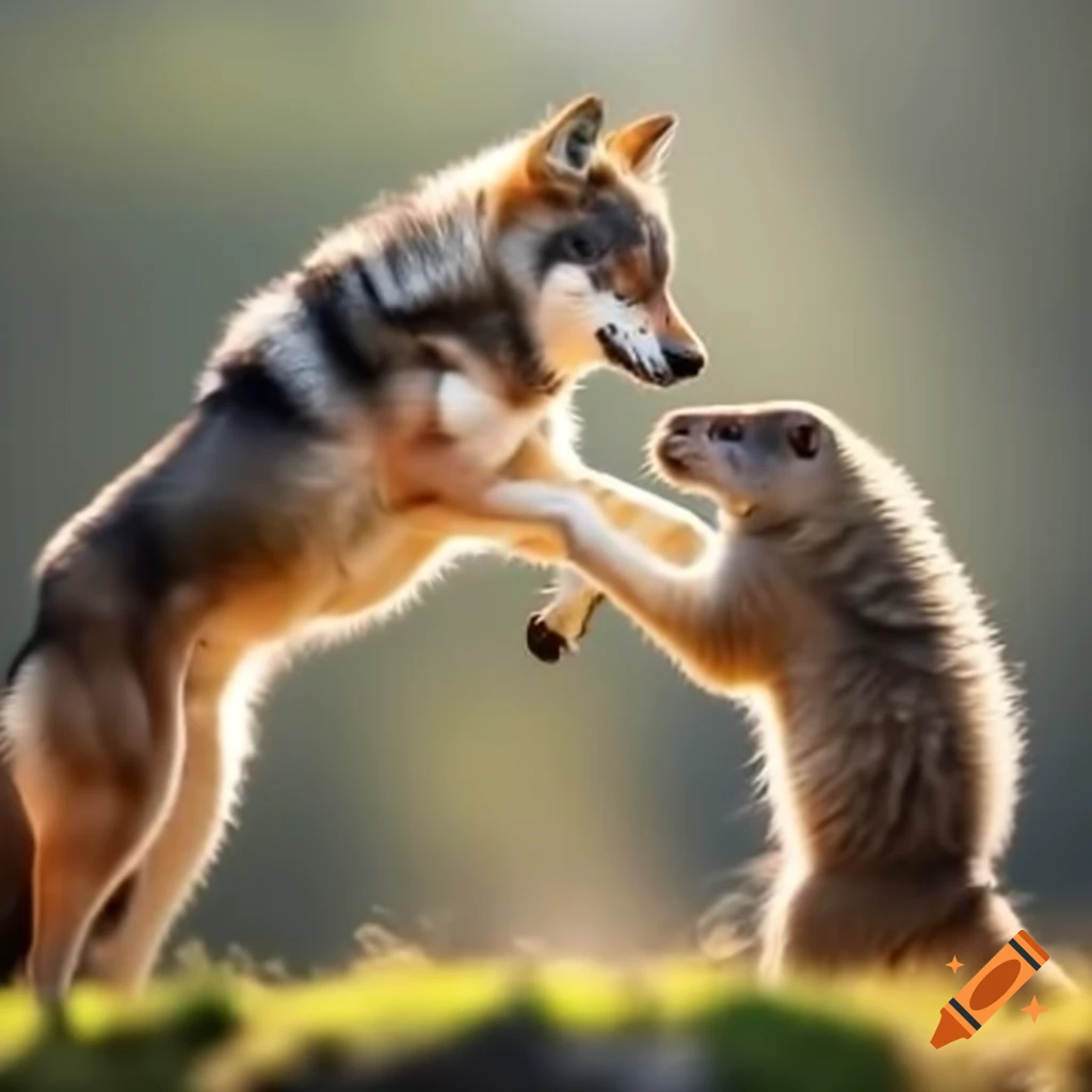 Little wolf interacting with a frightened gopher on Craiyon