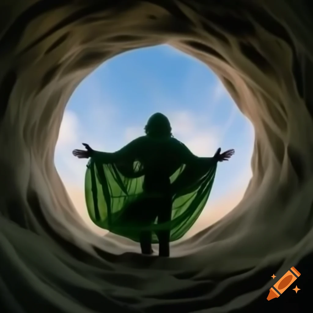 Figure in green cloak creating swirling sand vortex on Craiyon