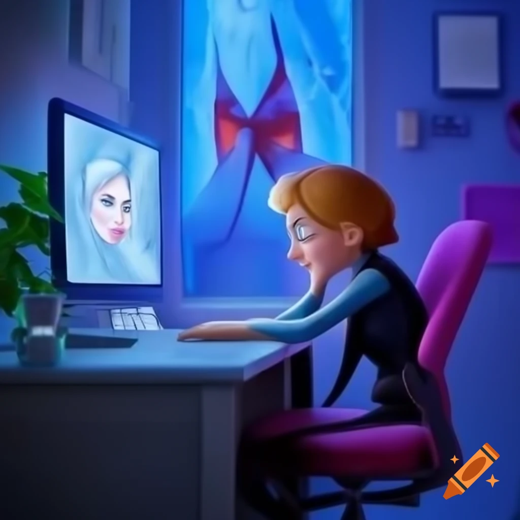 Frustrated office worker at desk with frozen computer screen, cartoon ...