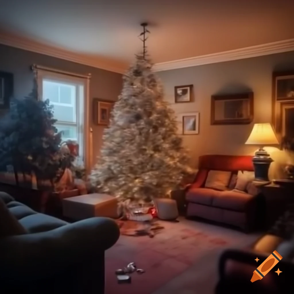 Living room with damaged Christmas tree and no presents, suggesting theft on Craiyon