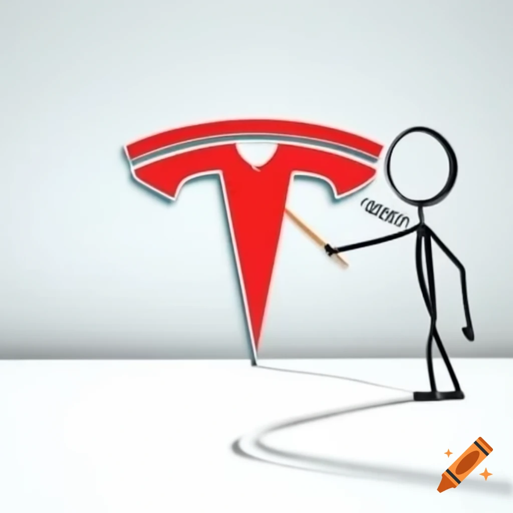 Stick figure interacting with Tesla symbol humorously on Craiyon
