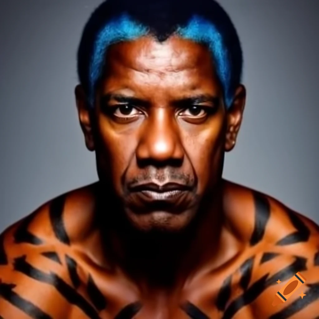 Denzel Washington with tiger-style makeup featuring blue hair and ...