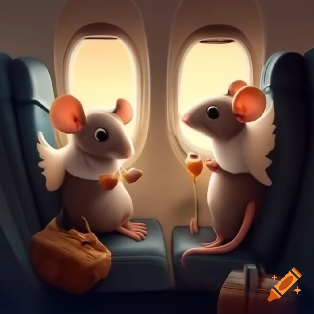Two mouse angels with wings atop an airplane holding cocktails, playful ...