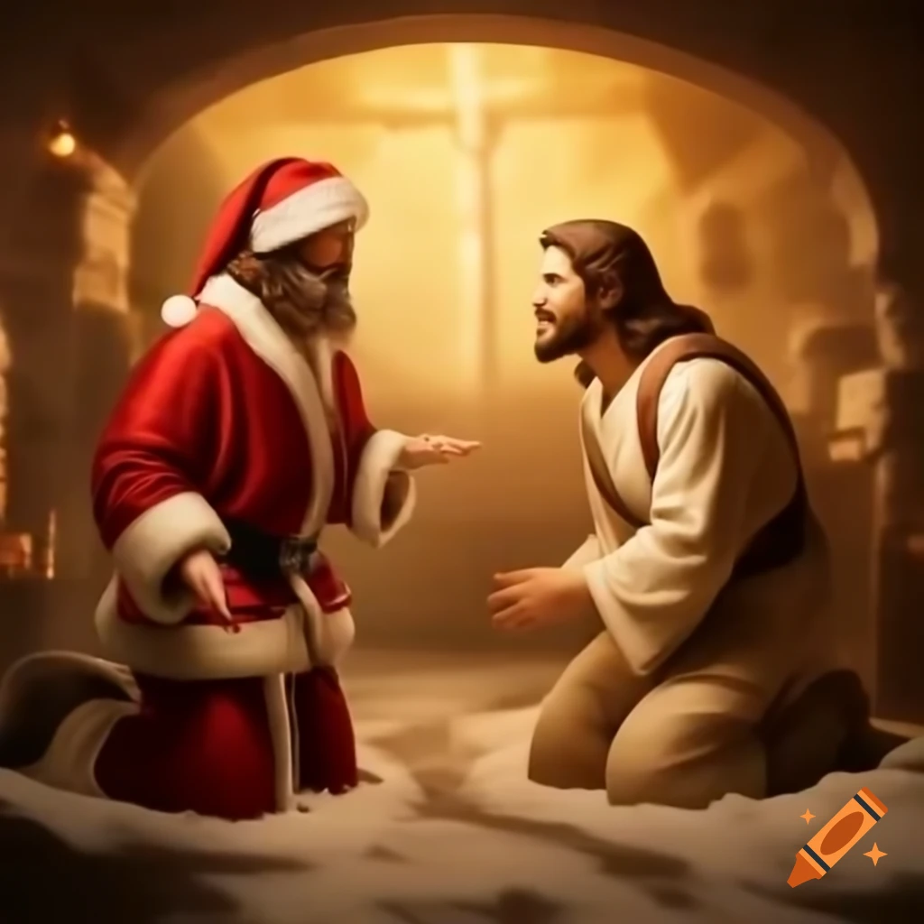 Artistic depiction of santa and jesus in a creative confrontation on ...