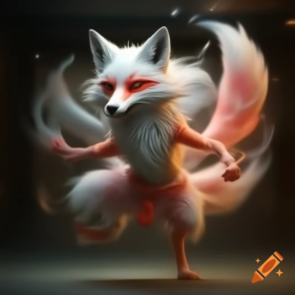 Kitsune, mystical Japanese fox spirit, performing an enchanting dance ...
