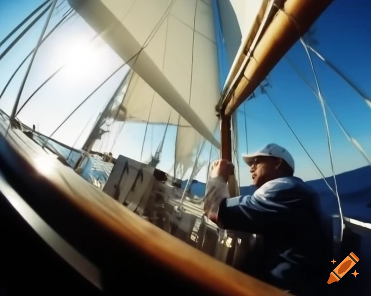Sailor raising white sail with sunlight casting patterns on water on ...