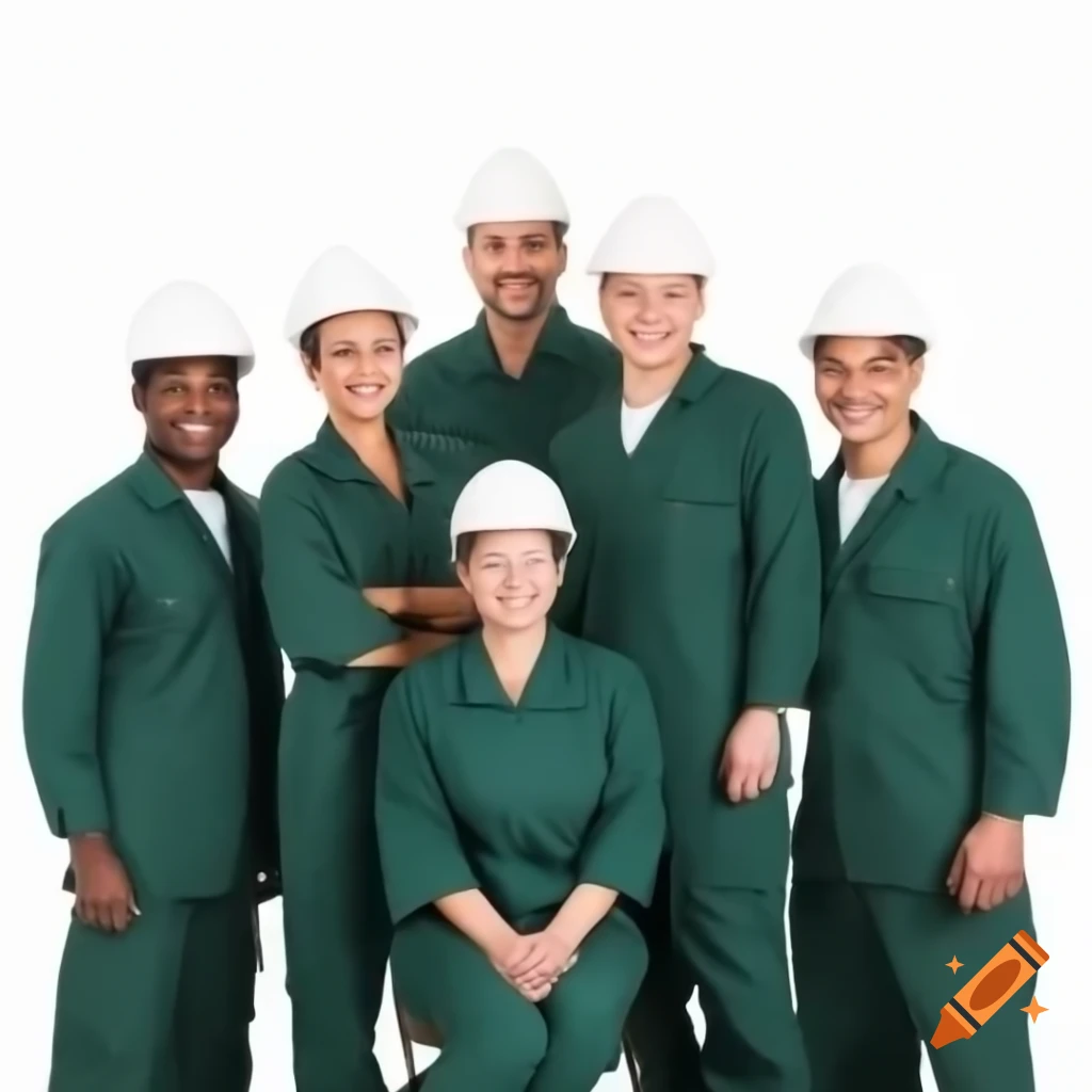 Group of diverse factory workers in dark green uniforms and white hard ...