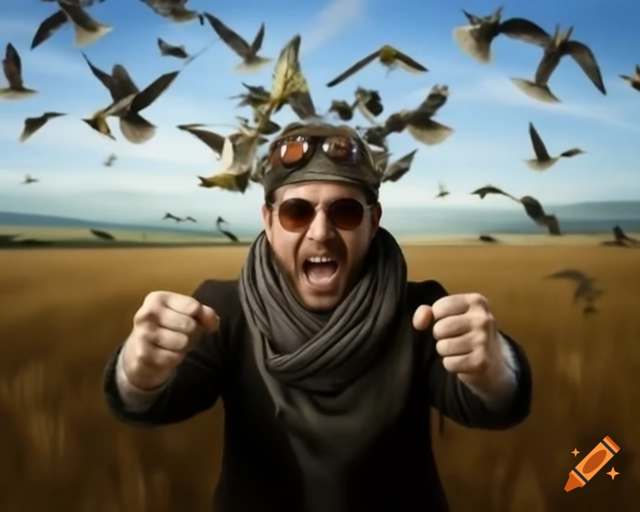 Man with scarf and sunglasses shaking fist at circling birds in a field ...